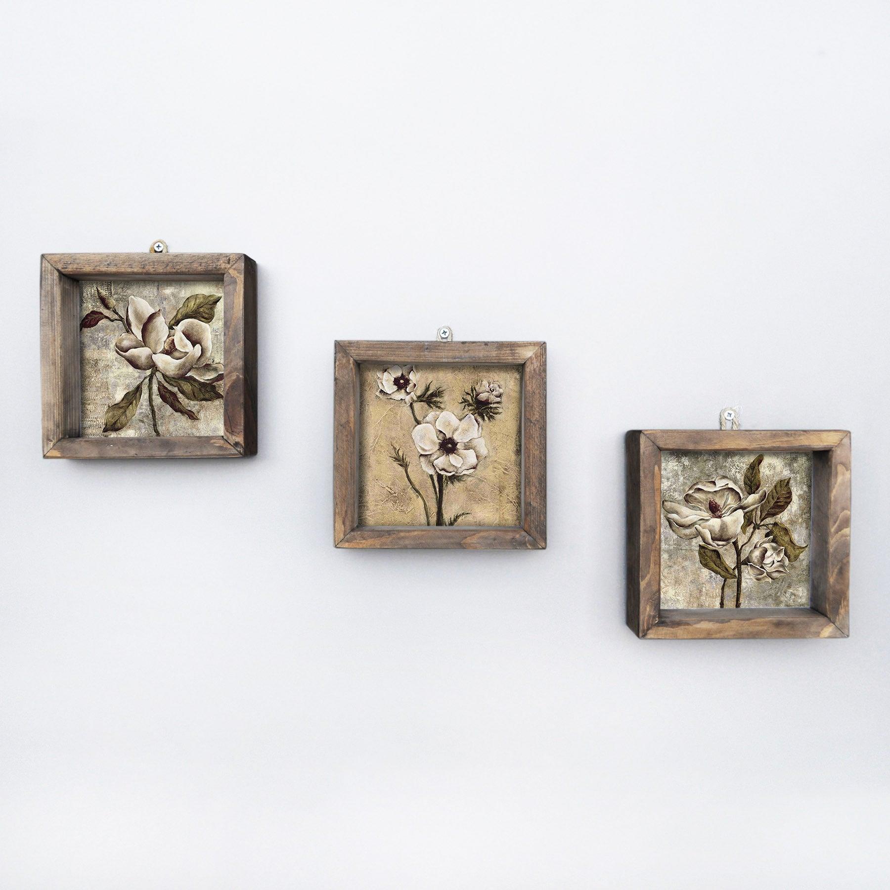 Tablou MDF cu rame Flori Uscate, Multicolor, 15x15 cm, 3 bucăți – Adorehome